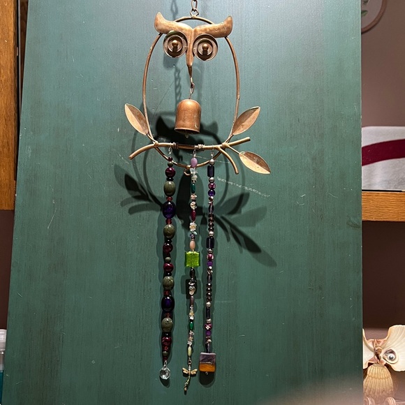 Upcycled | Art | Gold Owl Wind Chime With Beaded Strands | Poshmark